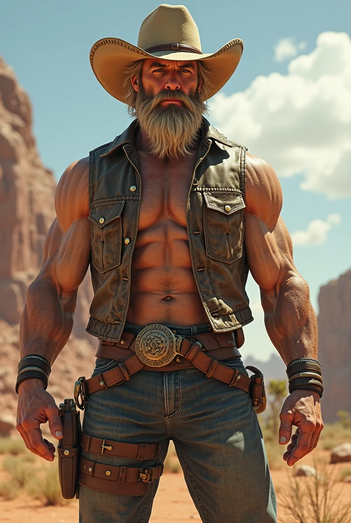 A blond adult man with muscles, Strong cowboy with naked beard - SeaArt AI