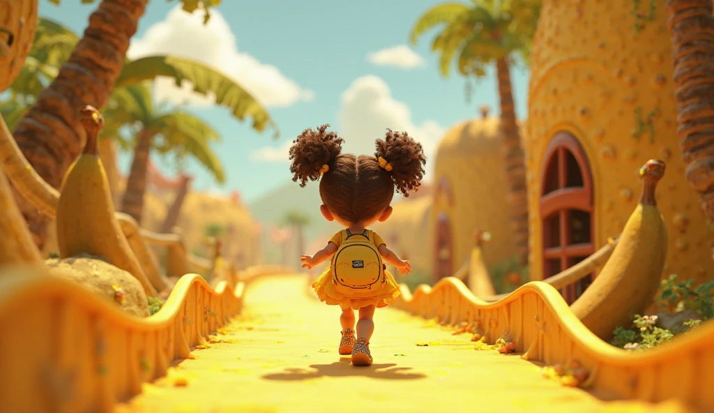 Action: Milo walk towards the banana town back to the camera Milo skips ...