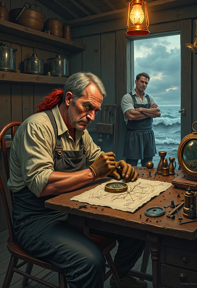 A highly detailed realistic cinematic painting, 1920s port town ...