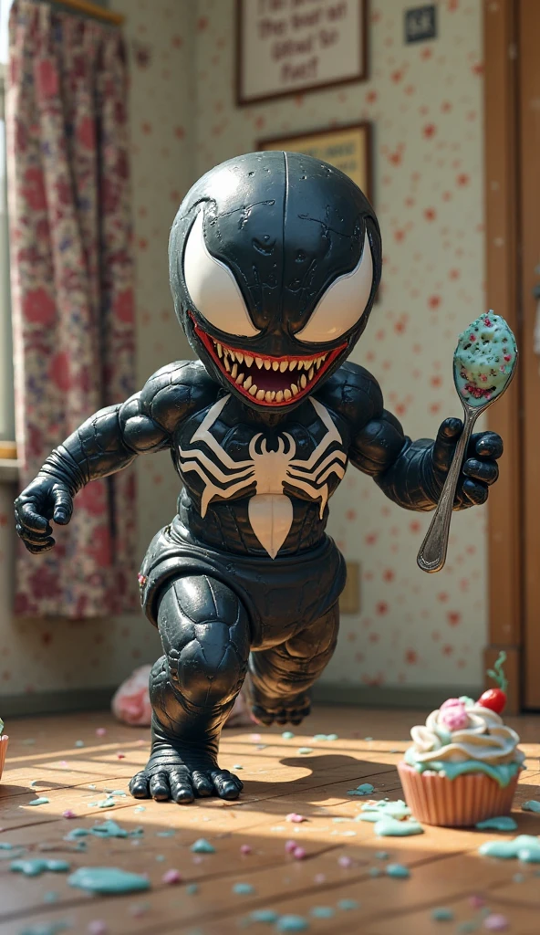 "Create a realistic Venom scene chasing a miniature version of himself ...