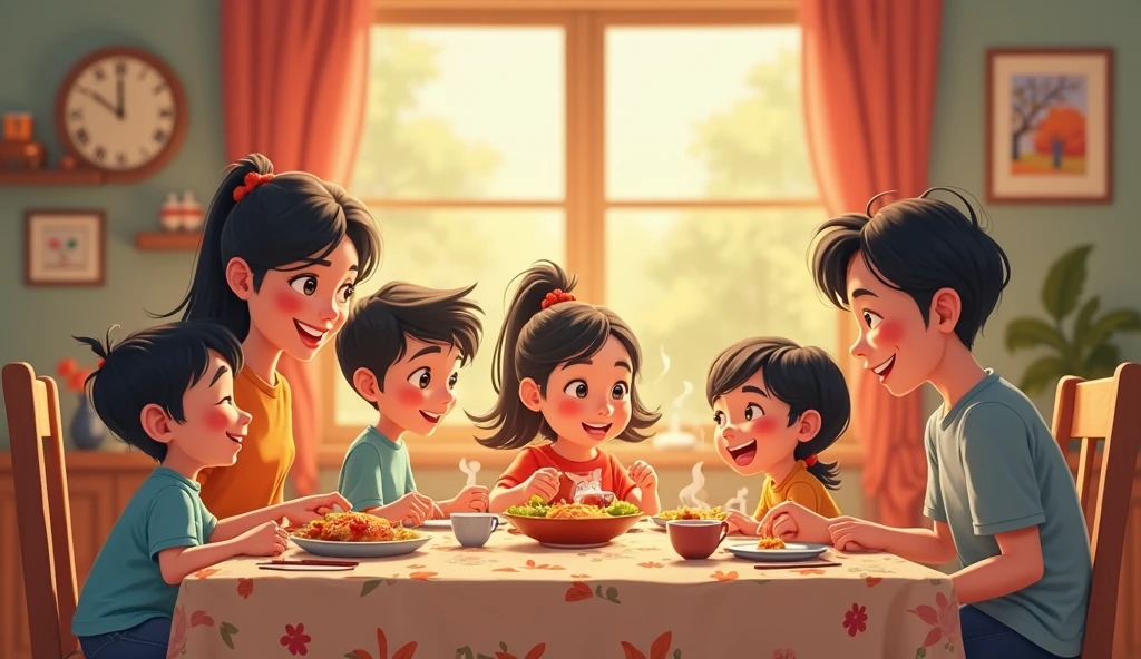 A having lunch with the family at the table, 2D animation - SeaArt AI