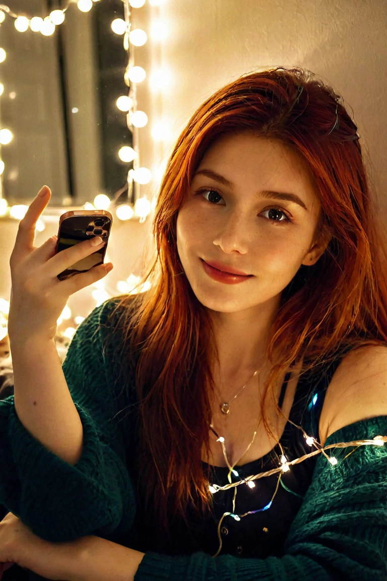 ((very grainy, low resolution:1.2)) iPhone selfie in the mirror Long red hair w - SeaArt AI