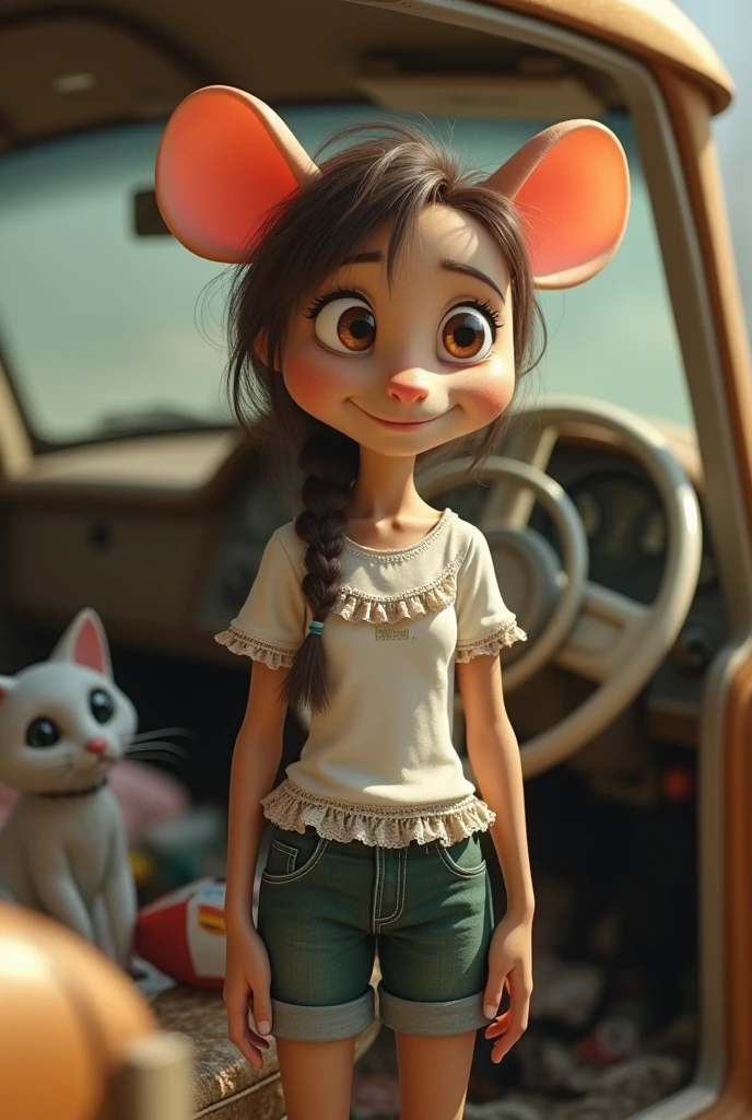 Animated image of a hunched female rat with dark brown hair, She has a ...