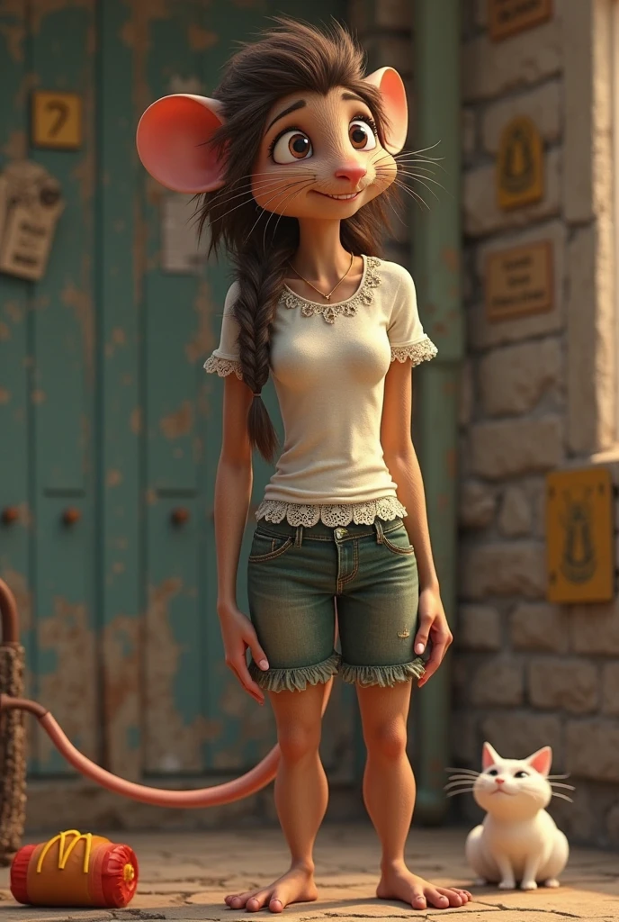 Animated image of a hunched female rat with dark brown hair, She has a ...