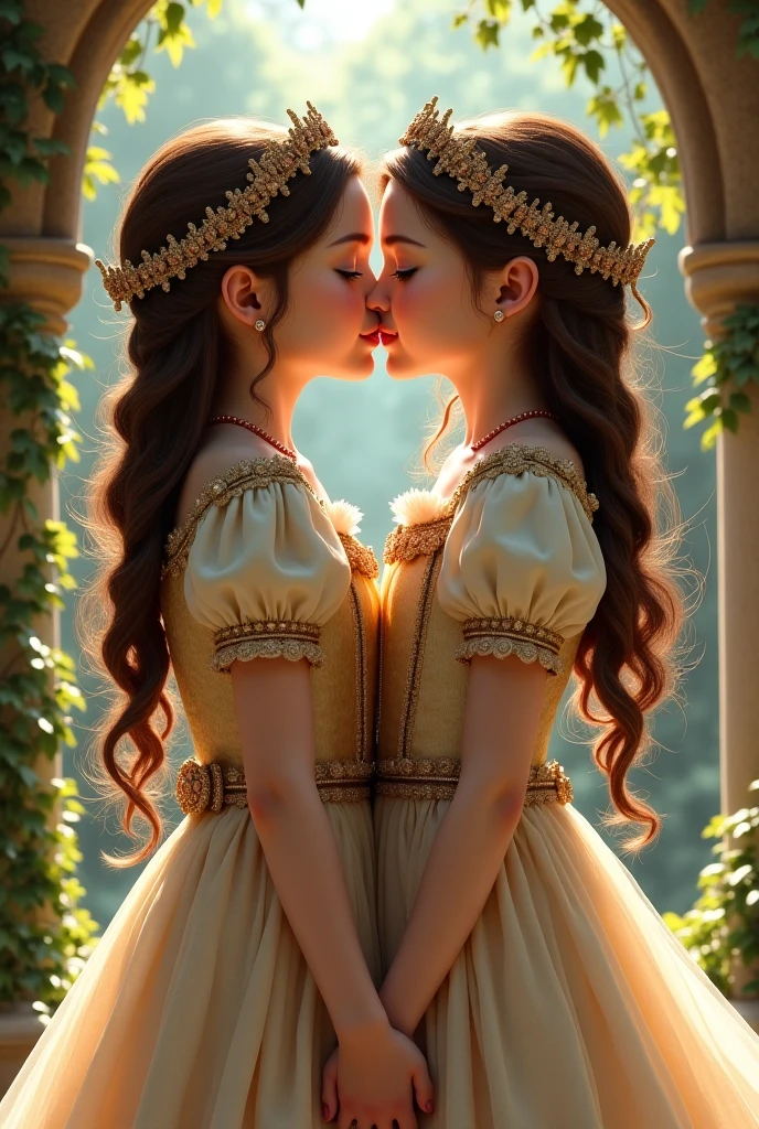 Two twin girls with brown hair and brown eyes kissing each other on the lips - SeaArt AI