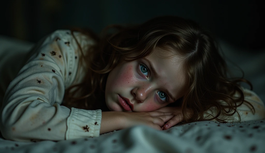 Create an image of a girl with long wavy brown hair and light blue eyes ...