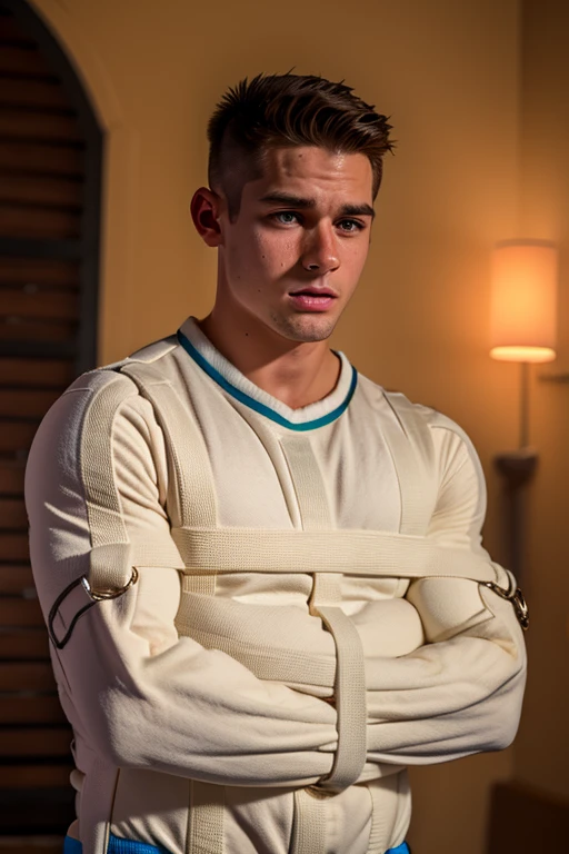 Posey straitjacket, (male:1.2), dandy face, athletic body, masculine ...