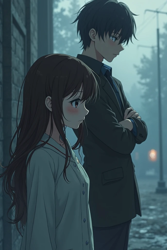Generate me a picture of an anime girl crying in the distance infront ...