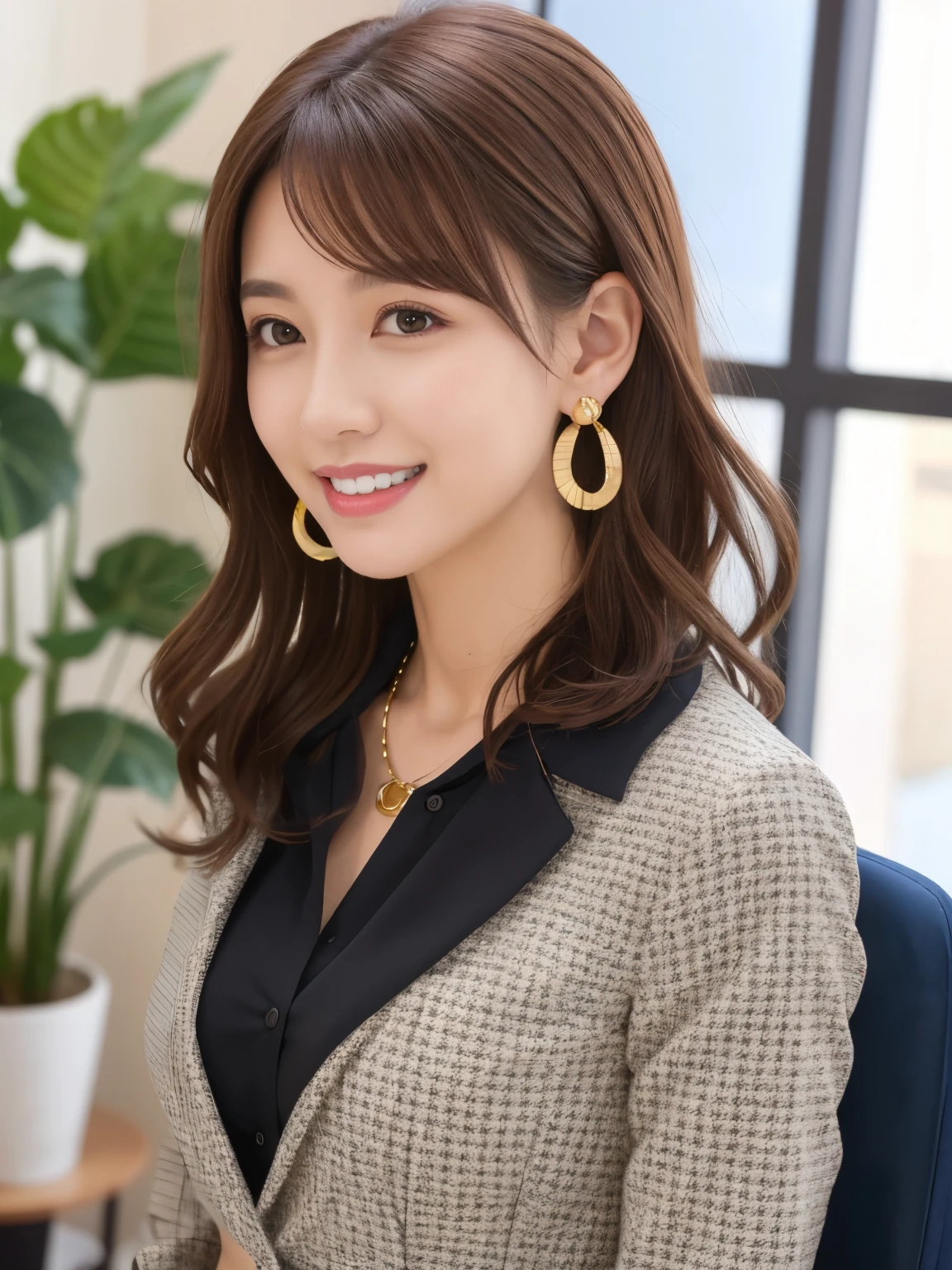 A woman in a suit and earrings sitting in front of a window - SeaArt AI
