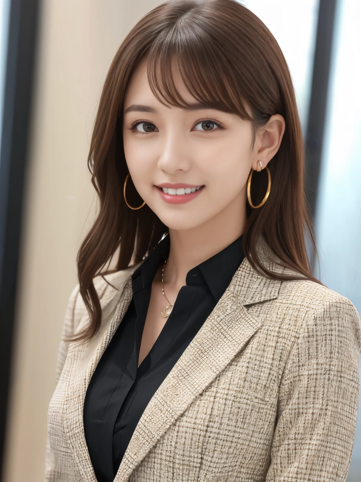 A woman in a suit and earrings posing for a picture - SeaArt AI