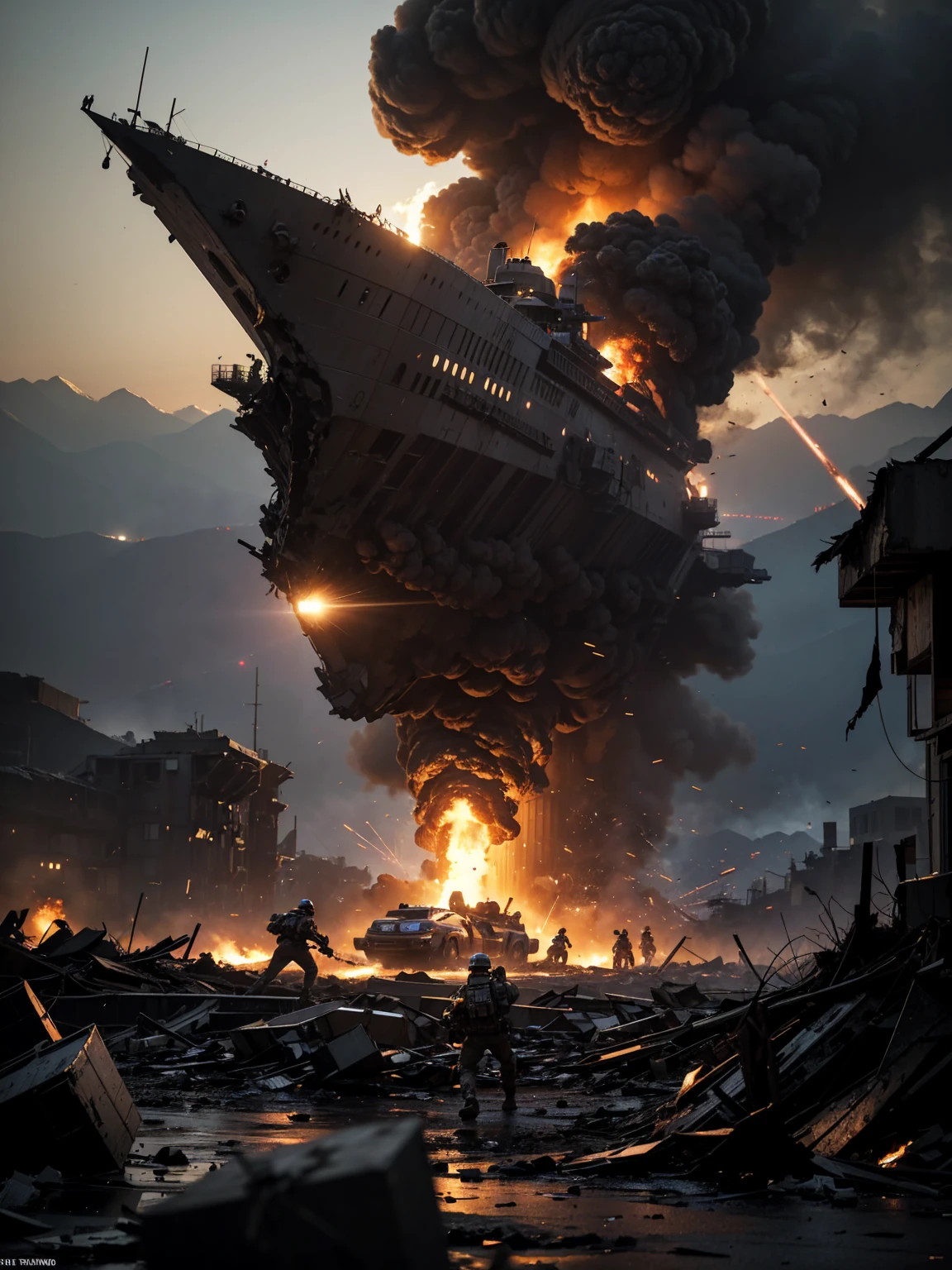 A colossal warship crashes onto a devastated battlefield, its metallic ...