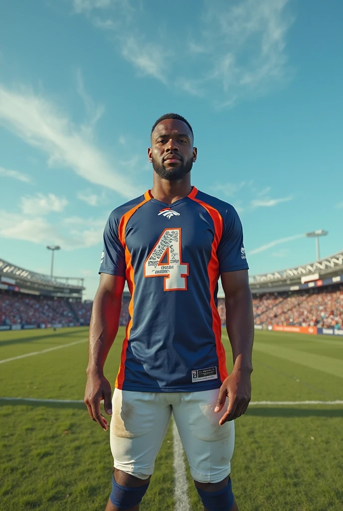 A man wearing number 4 broncos jersey standing in a rugby field - SeaArt AI