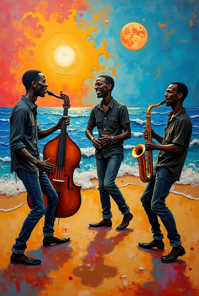 Basquiat-style impressionism painting showing a beach with jazz ...