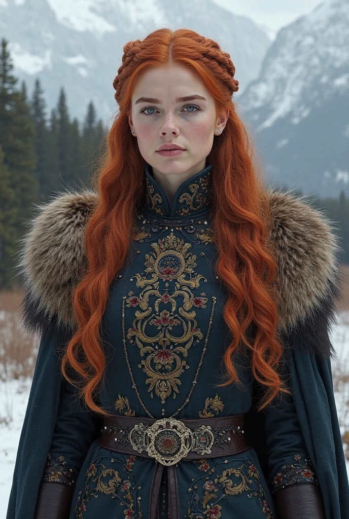 Noble woman, red-haired, medieval nordic robes, dark clothes - SeaArt AI