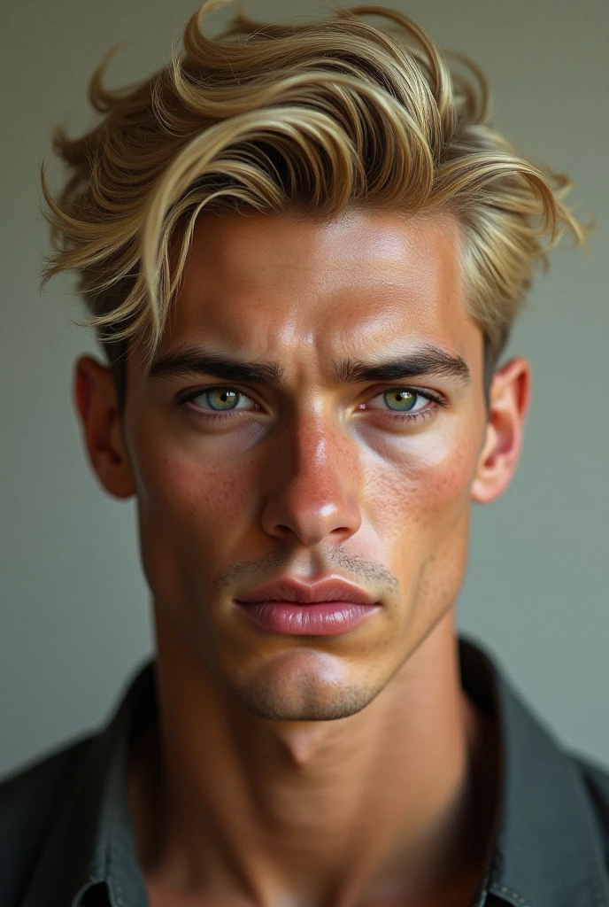 Boy with blond hair with hunter's eyes without hair on his forehead ...