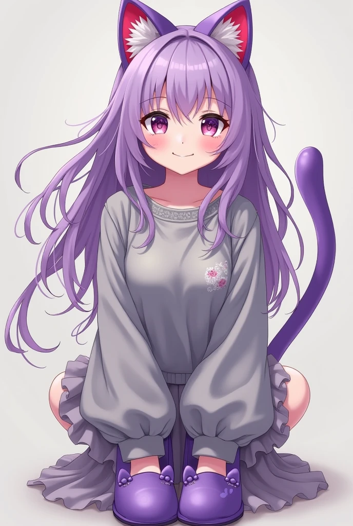 A girl with purple hair smiling in cat shoes wearing a cool gray blouse ...