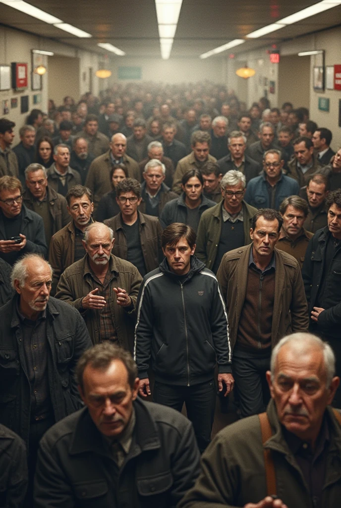 An image of a crowded bank with long queues, frustrated customers waiting - SeaArt AI