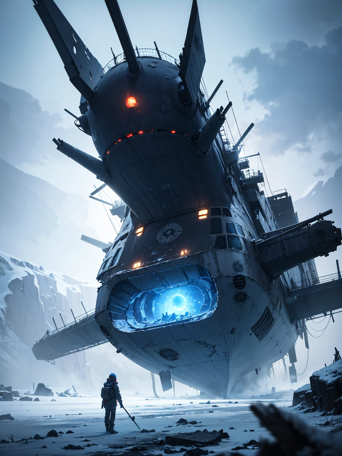 An ancient alien spacecraft crashes into a desolate icy wasteland ...