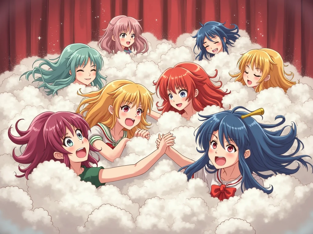 An anime-style illustration depicting many queens playfully wrestling ...