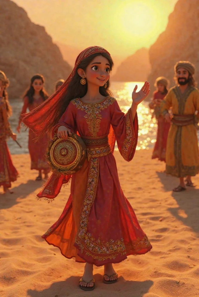 Create in Disney-Pixar 3D style a vibrant scene of Miriam, a joyful ...