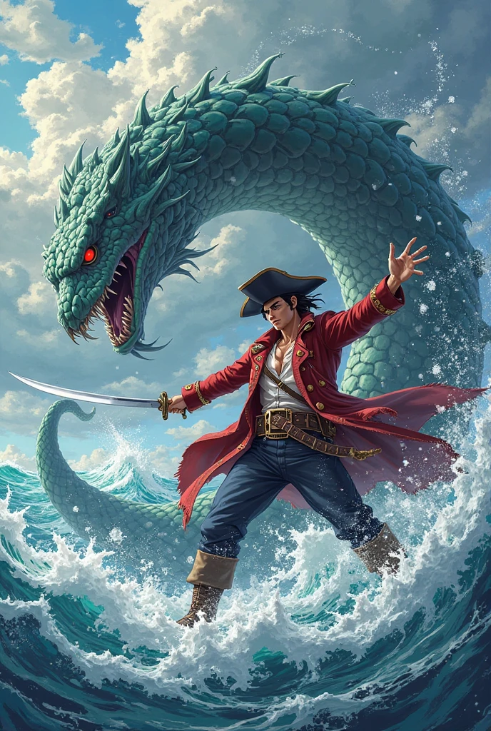 Make an anime pirate fighting a snake in the sea - SeaArt AI