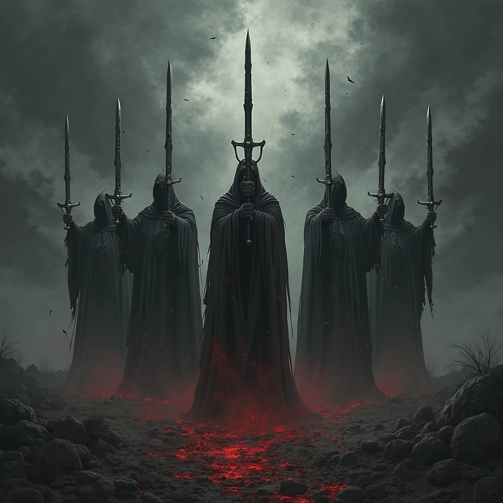 Represent to me the 7 sin capitals of swords with dark colors - SeaArt AI