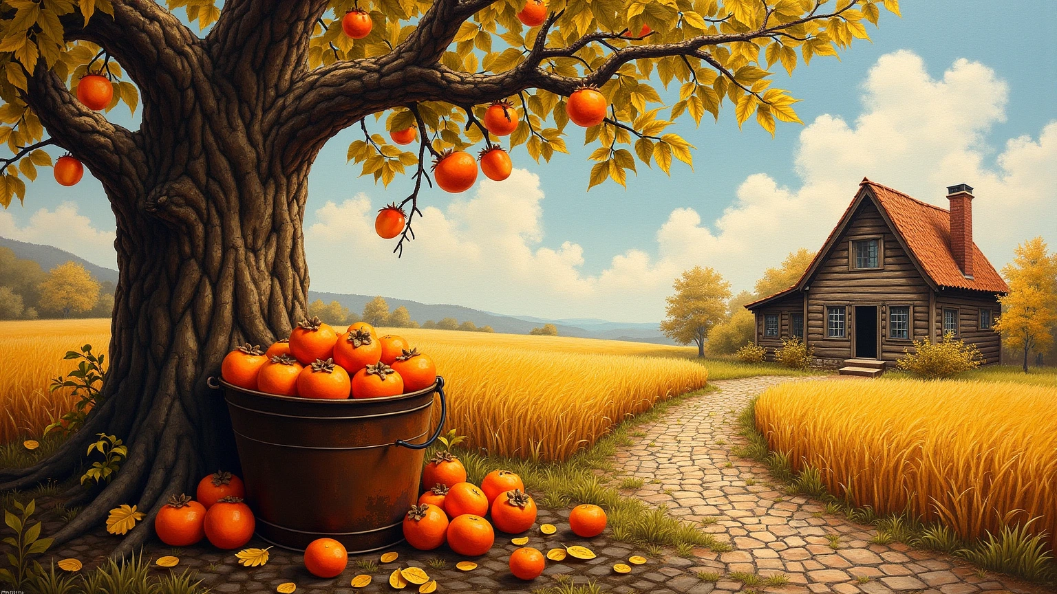 "Rural persimmon oil painting, rich warm palette, impasto brushwork ...