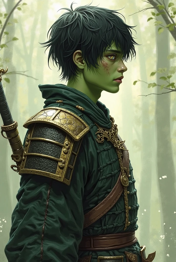 Short hair, Age 20 years, Race half orc, height 1,98, samurai armor ...