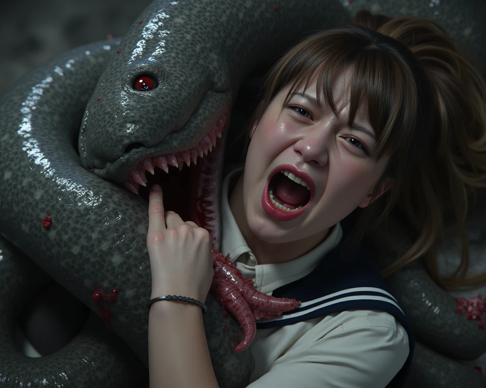 A female student in uniform is being eaten by a giant worm。 she is ...
