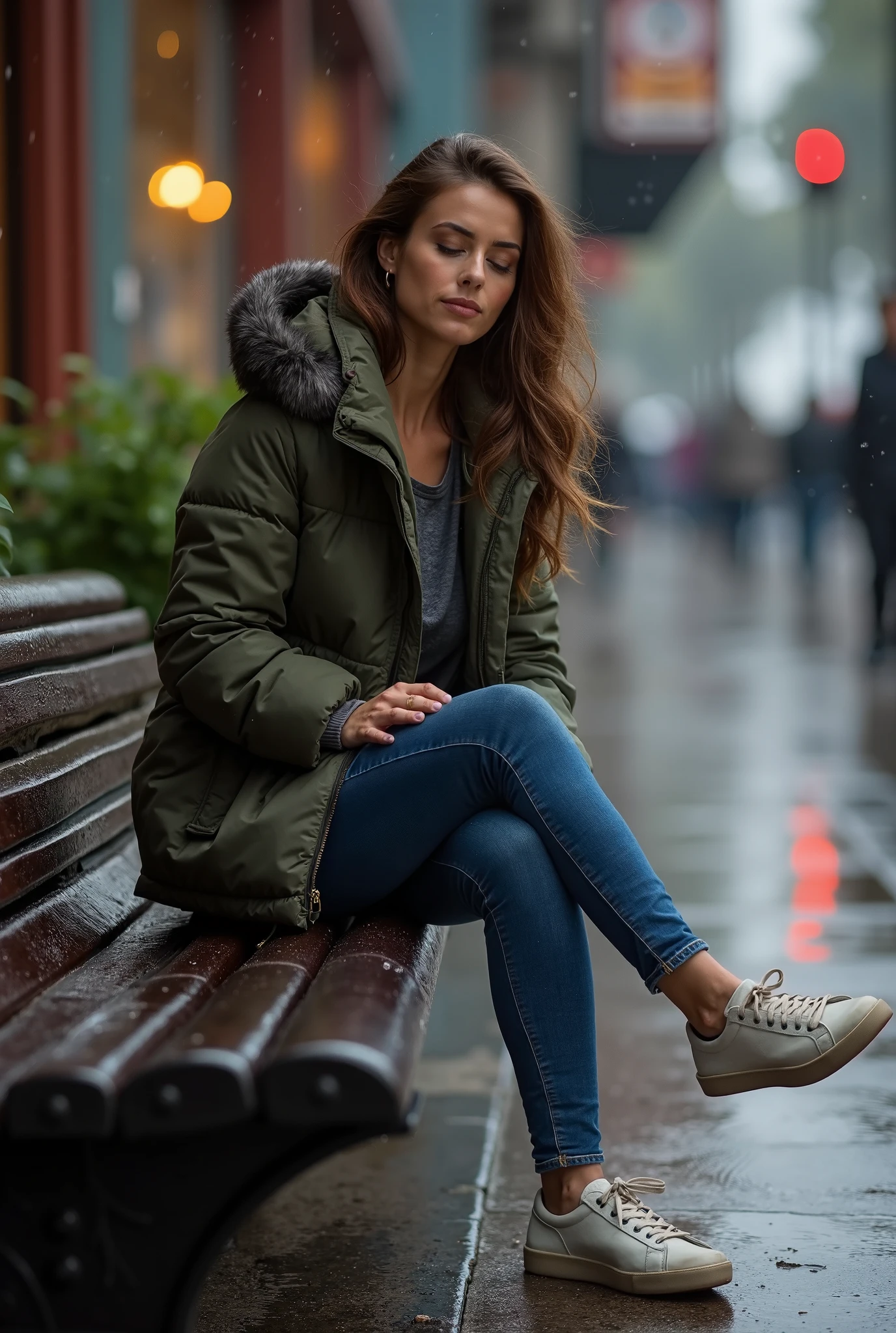 Arafed woman sitting on a bench in the rain - SeaArt AI