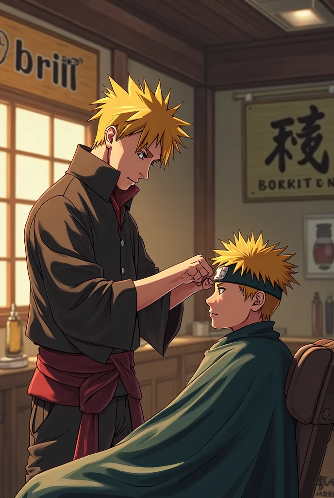 Naruto cutting his hair, And in the background this one written Briel ...