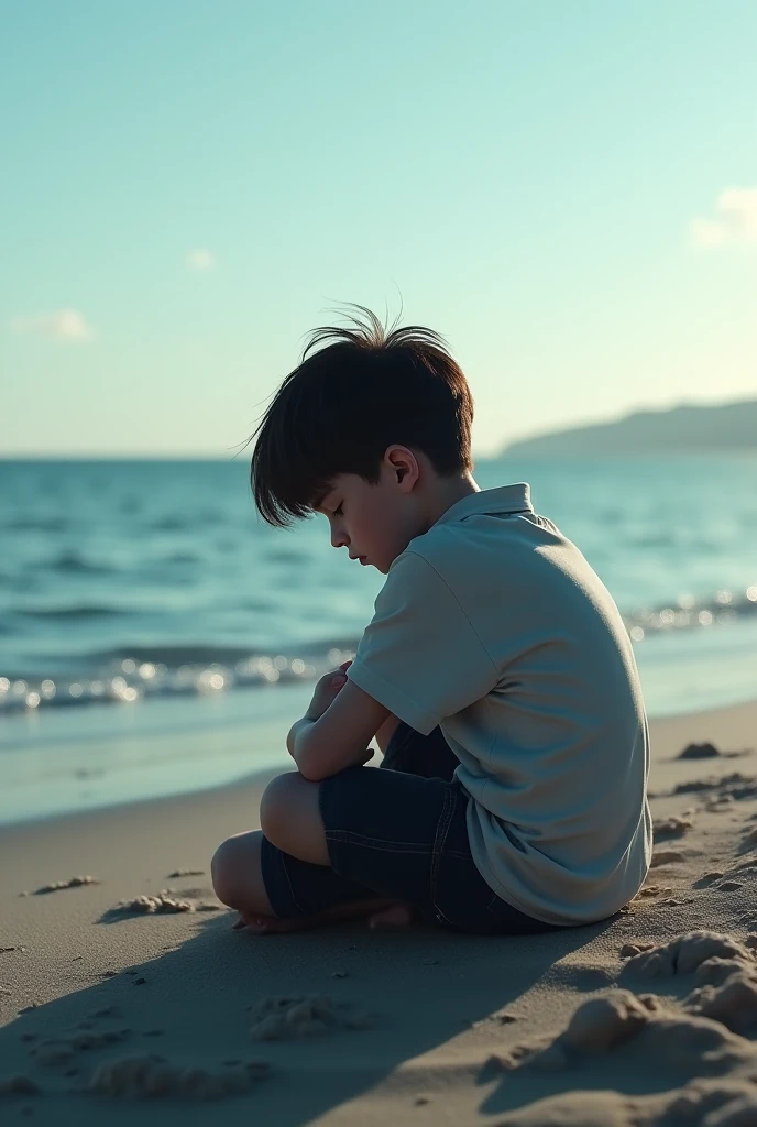 Sad boy sitting in the beach back ground should be like real - SeaArt AI