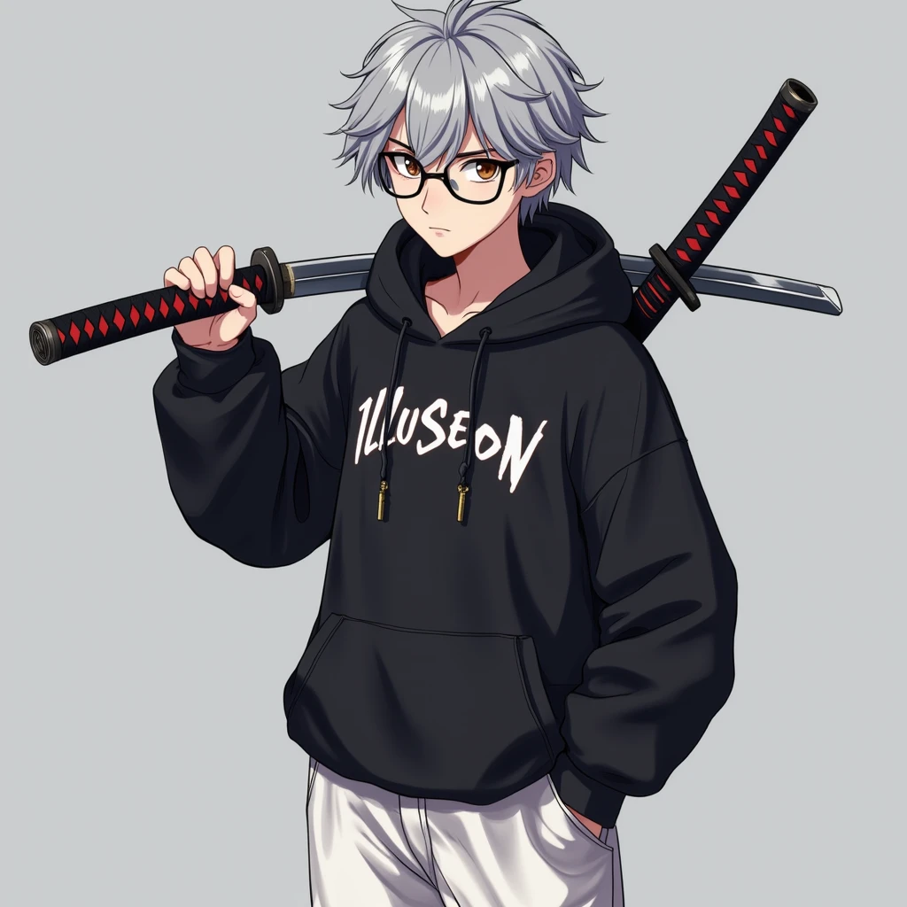 Young gray haired Japanese anime., glasses, On his back his carries a ...