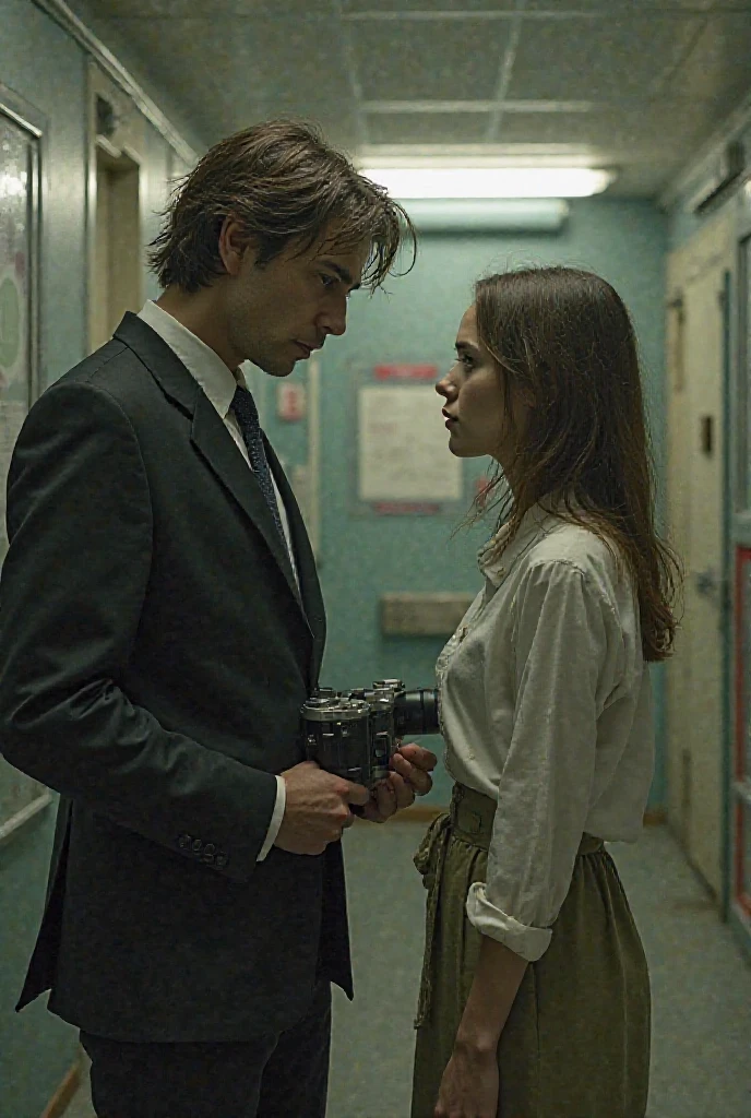 Thin and greasy haired man, Suited) Holding a camera and In front o ...