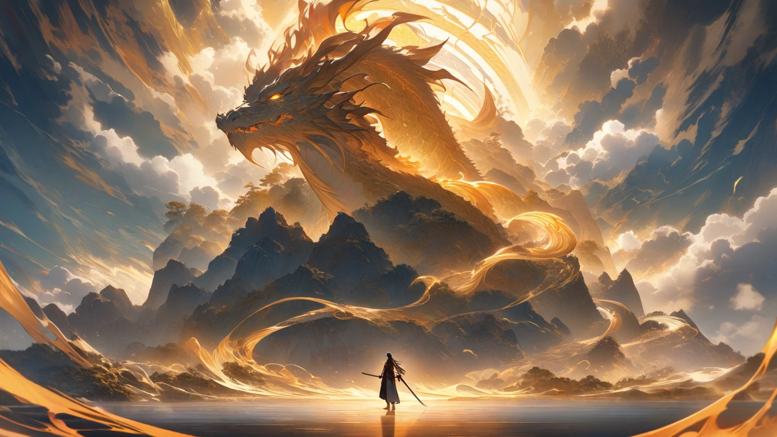 A young male cultivator stands atop a mist-shrouded mountain peak ...