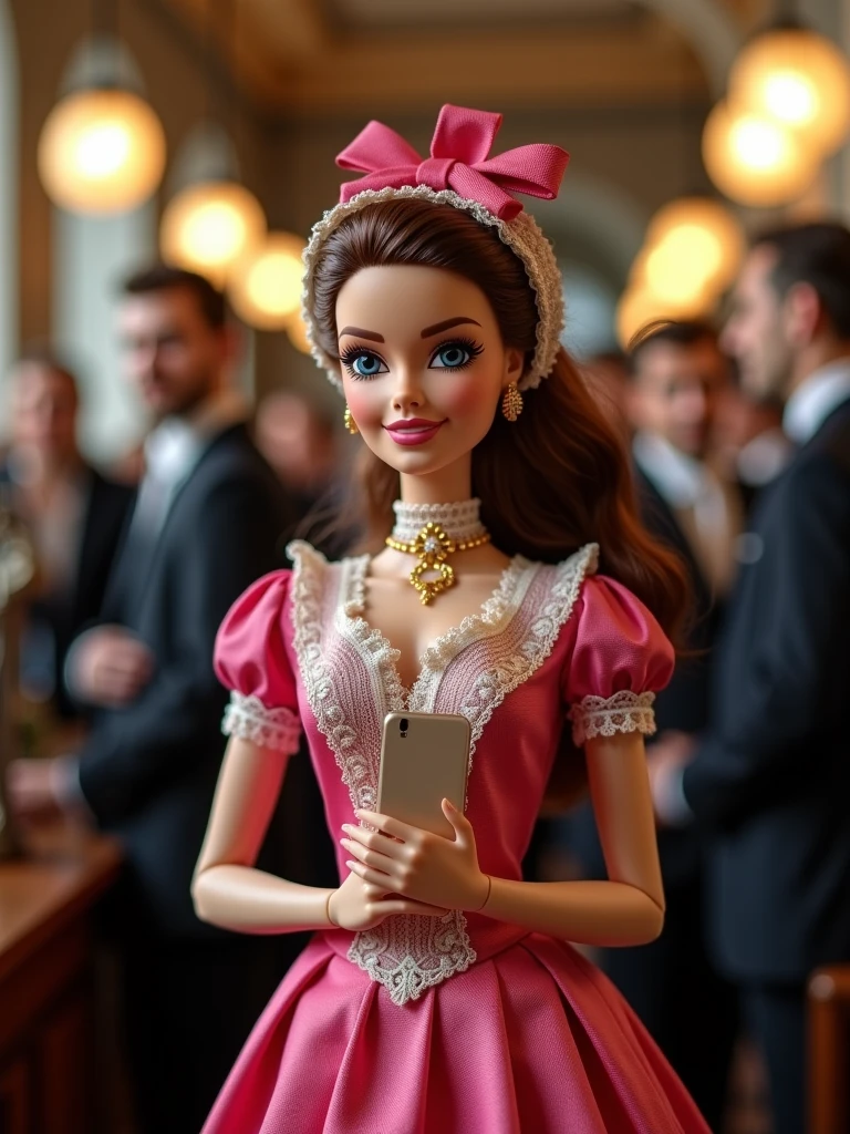 Barbie with brown hair dressed like Victorian era, standing in line at ...