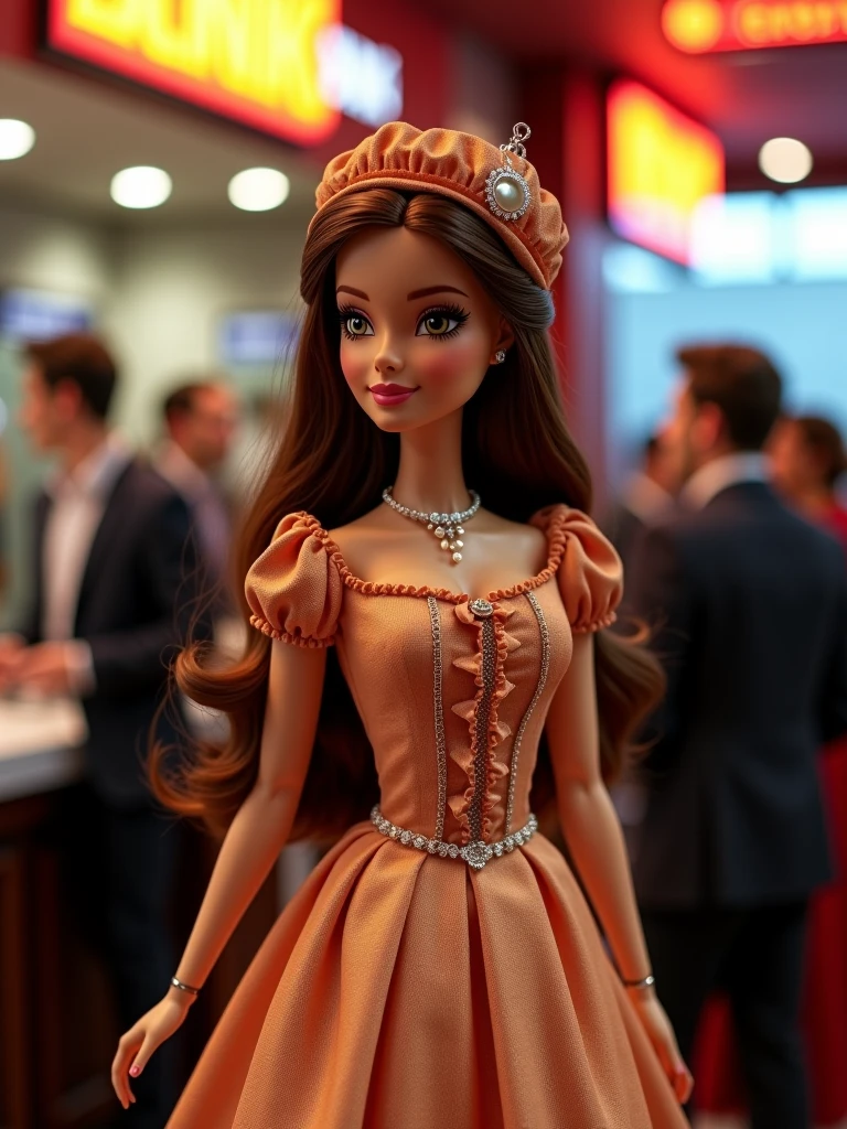 Barbie with brown hair dressed like Victorian era, standing in line at ...