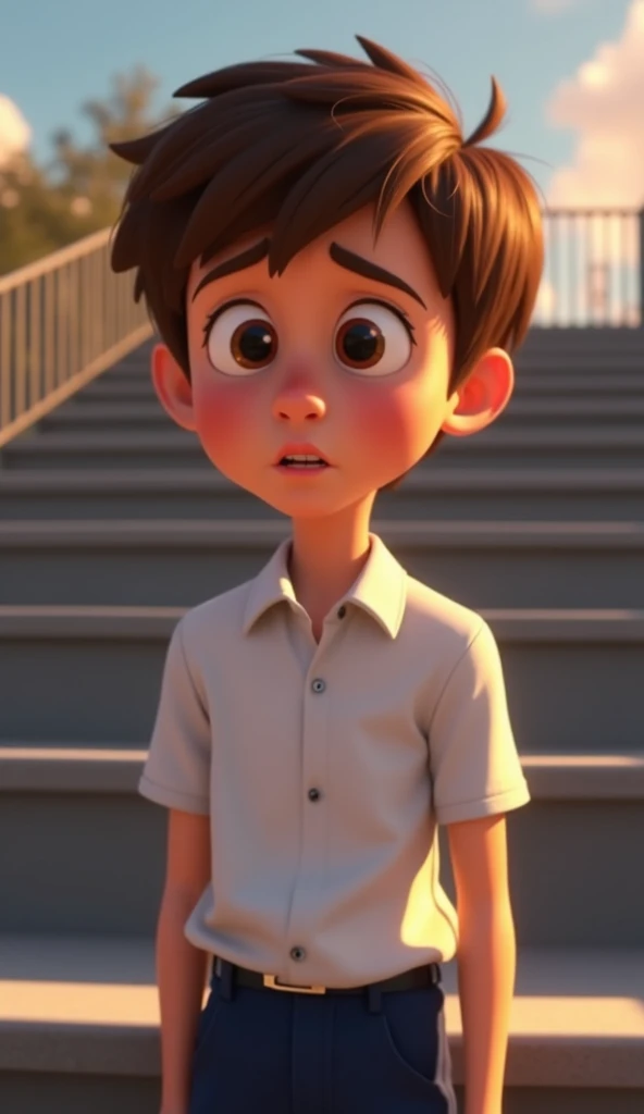 Create a Disney Pixar style close-up shot of Jake on the bleachers of ...