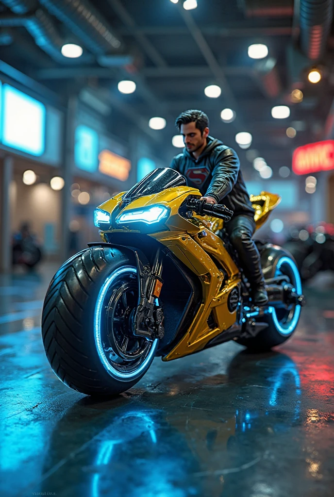 Superman and BatFuturistic high-tech motorcycle with sleek gold and ...