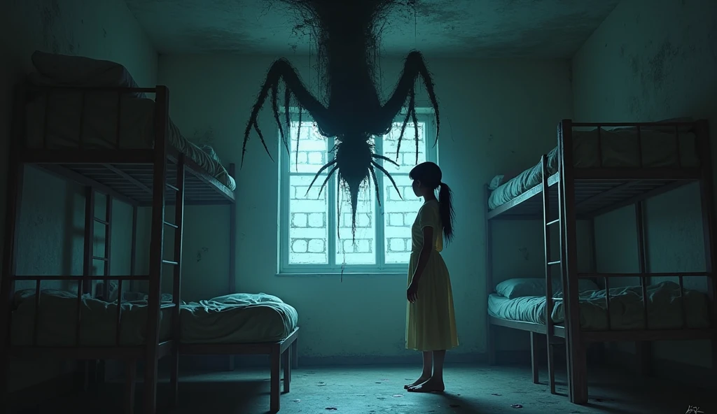 A terrifying shadowy figure crawling upside down on the hostel room ...