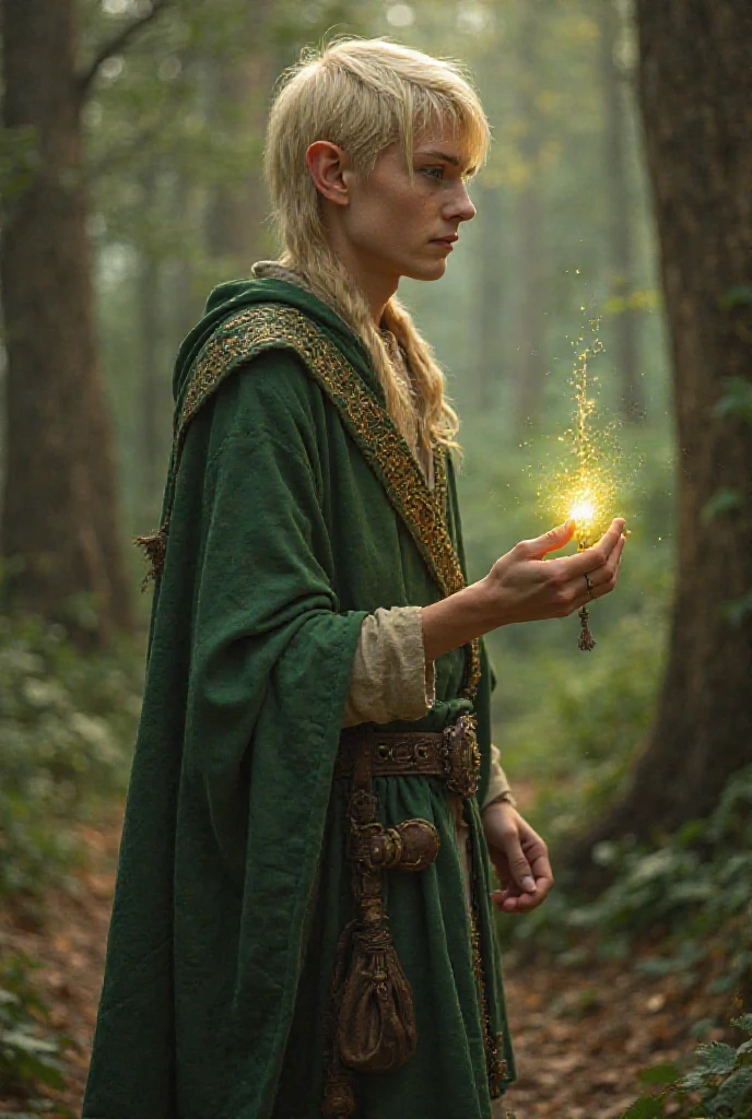 A young, tall and slender elf man, blonde hair, straight and short ...
