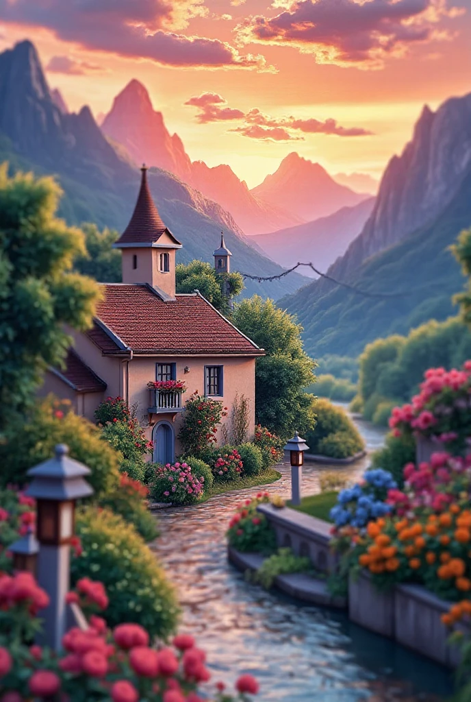 A small village by the river, mountains in the background, floral ...