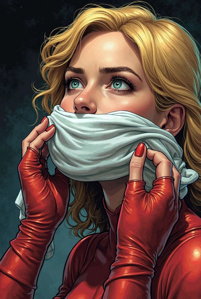 The superheroine Firestar is getting chloroformed with a white rag ...