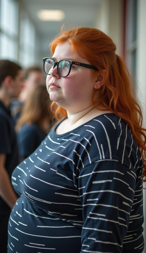 Young chubby redheaded ginger girl with glasses standing sideways at ...