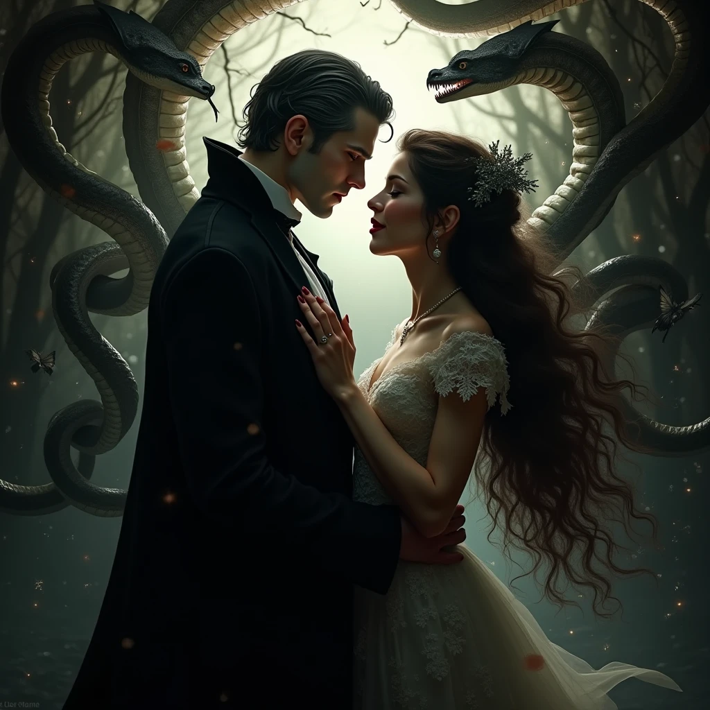 A vampire man and a vampire woman who marry surrounded by a snake ...