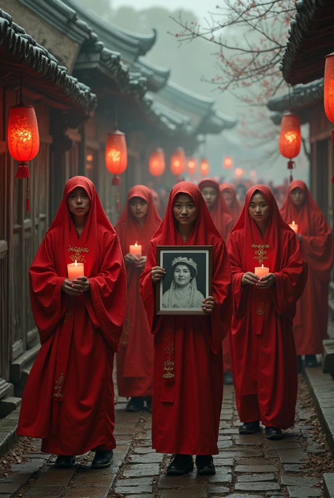 Prompt: [A group of Asian people dressed in traditional red robes ...