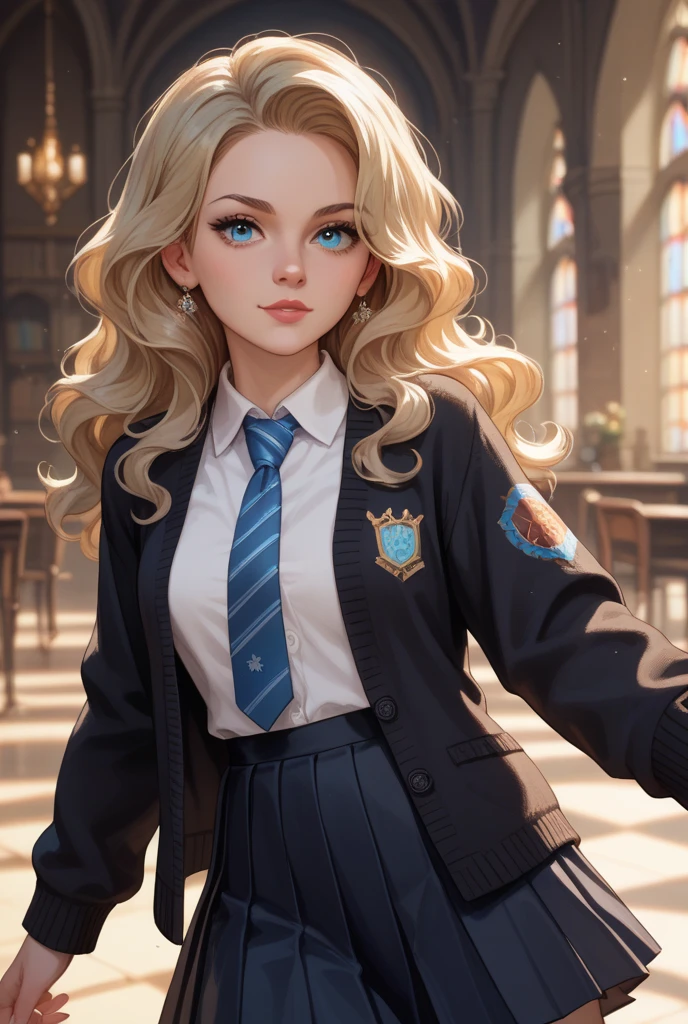 Female Ravenclaw student at Hogwarts with icy blue eyes, wavy blonde ...