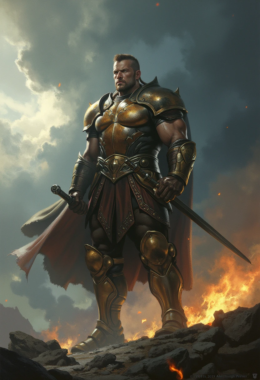 Against a stormy sky filled with glowing embers, a mighty warrior ...