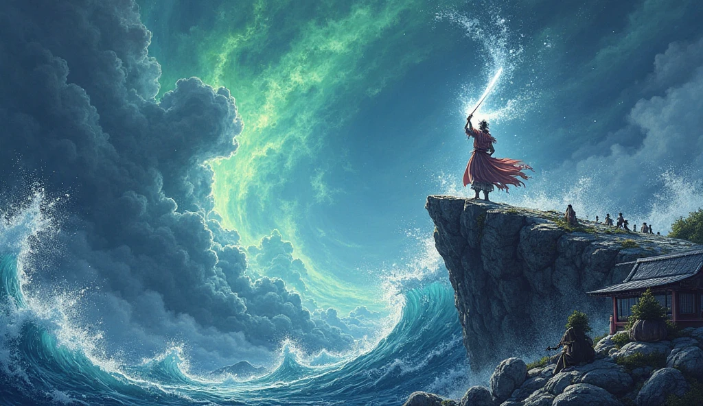 "Susanoo on the cliff, raising Kusanagi, white light from the sword ...