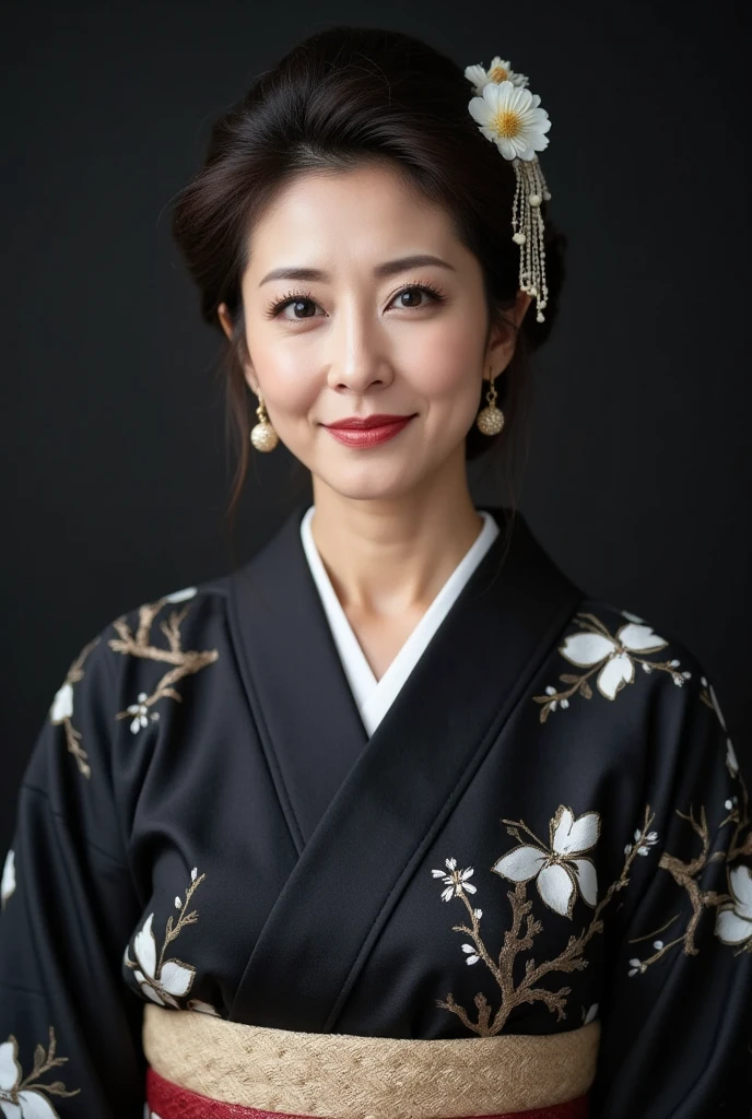 Mature Japanese woman, 50 years old, wearing a black kimono with white ...
